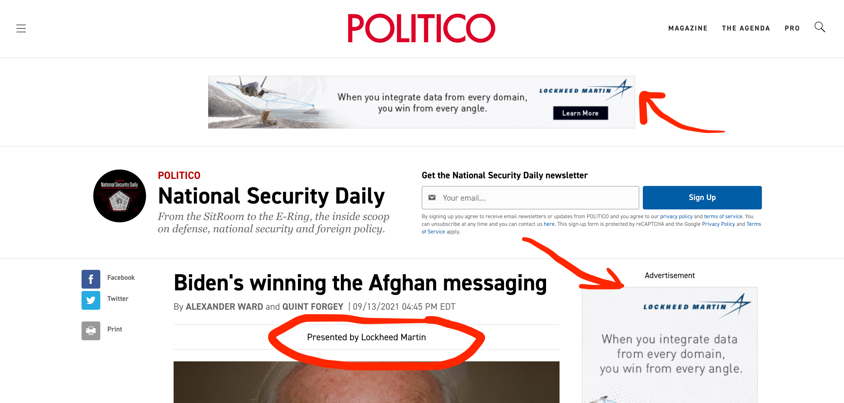 Lockheed Martin ads resurface on Politico foreign policy newsletter ...
